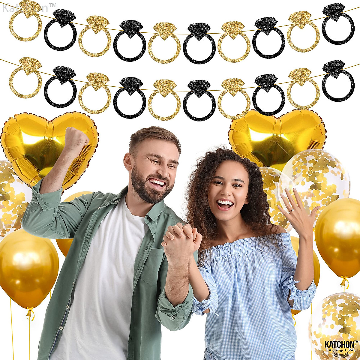 KatchOn, Black and Gold Engagement Ring Banner - 10 Feet, Pre-Strung, No DIY | Bachelorette Party Decorations | Engagement Banner | Black and Gold Bridal Shower Decorations | Engagement Party Decor