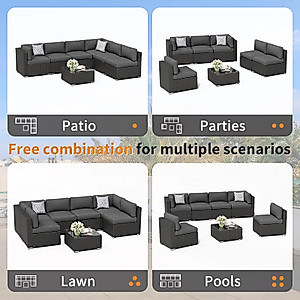 Oakcloud 8-Piece Outdoor Patio Furniture Sofa Set with 45” Propane Gas Fire Pit Table, Black Rattan Wicker Sectional Conversation Sets with Glass Top Table and Cushions(Grey, w/Fire Pit Table)