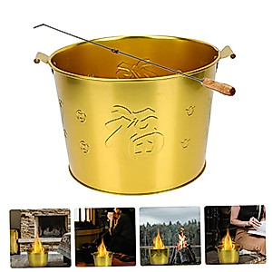 Veemoon Trash Golden Steel Leaves Bonfire Leaf Ash Fortune Bin Garden Wood Tongs Home Paper Barrel Hook Can Fireplace Fire Pit Stainless Bucket Money Sacrifice with Basin Yard Backyard