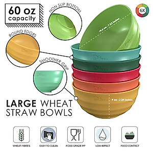 DINETHICS 60-OZ 6 Big Bowl Set - Unbreakable Microwave Safe Bowls - Large Salad Bowls Large Serving Bowls For Kitchen - Large Cereal Bowls - Wheat Straw Bowls - Big Breakfast Bowl for Ramen,Soup,Snack