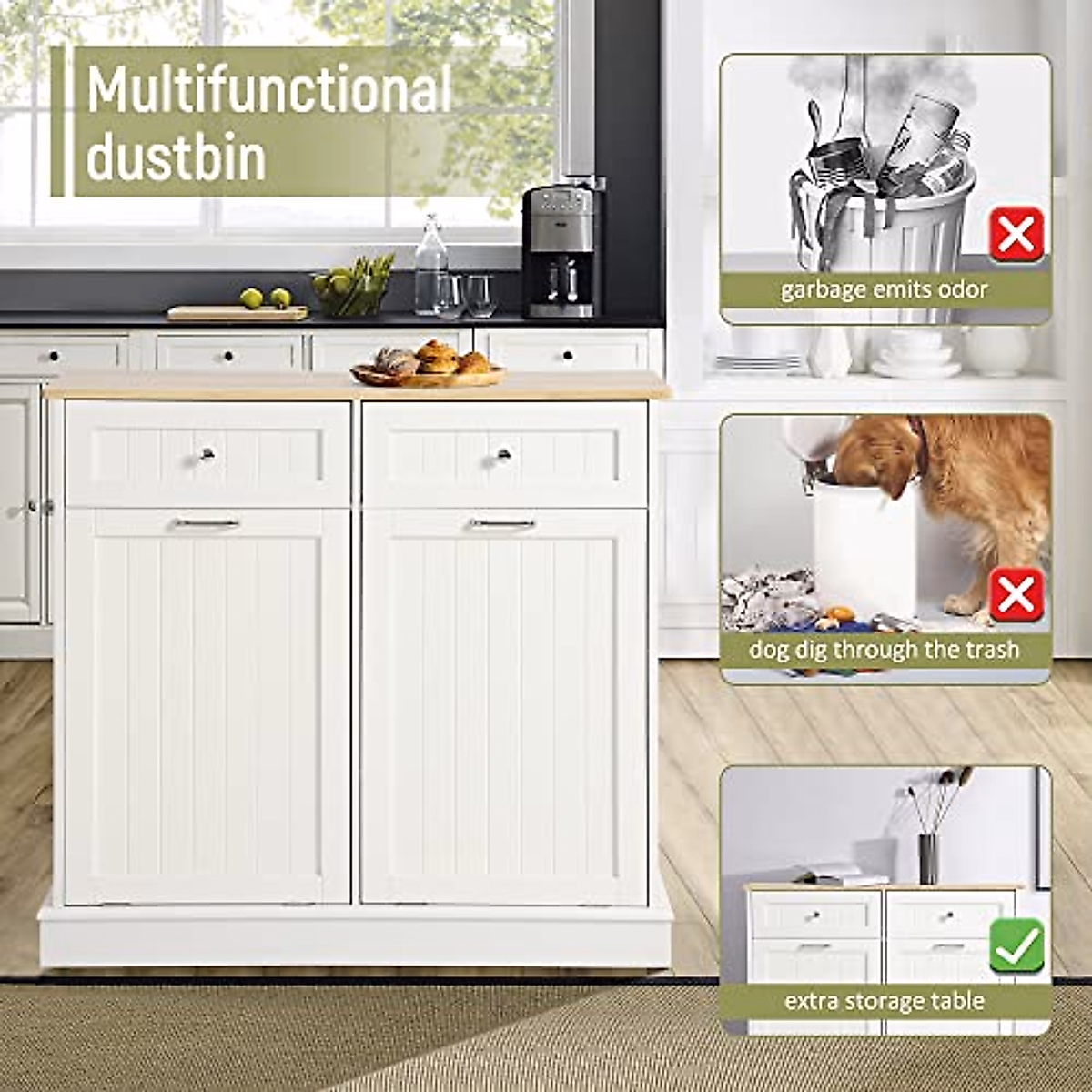 LOUVIXA Tilt Out Trash Can Cabinet Dog Proof with Double Wood Hidden Holder, Kitchen Free Standing Recycling Cabinet（White）