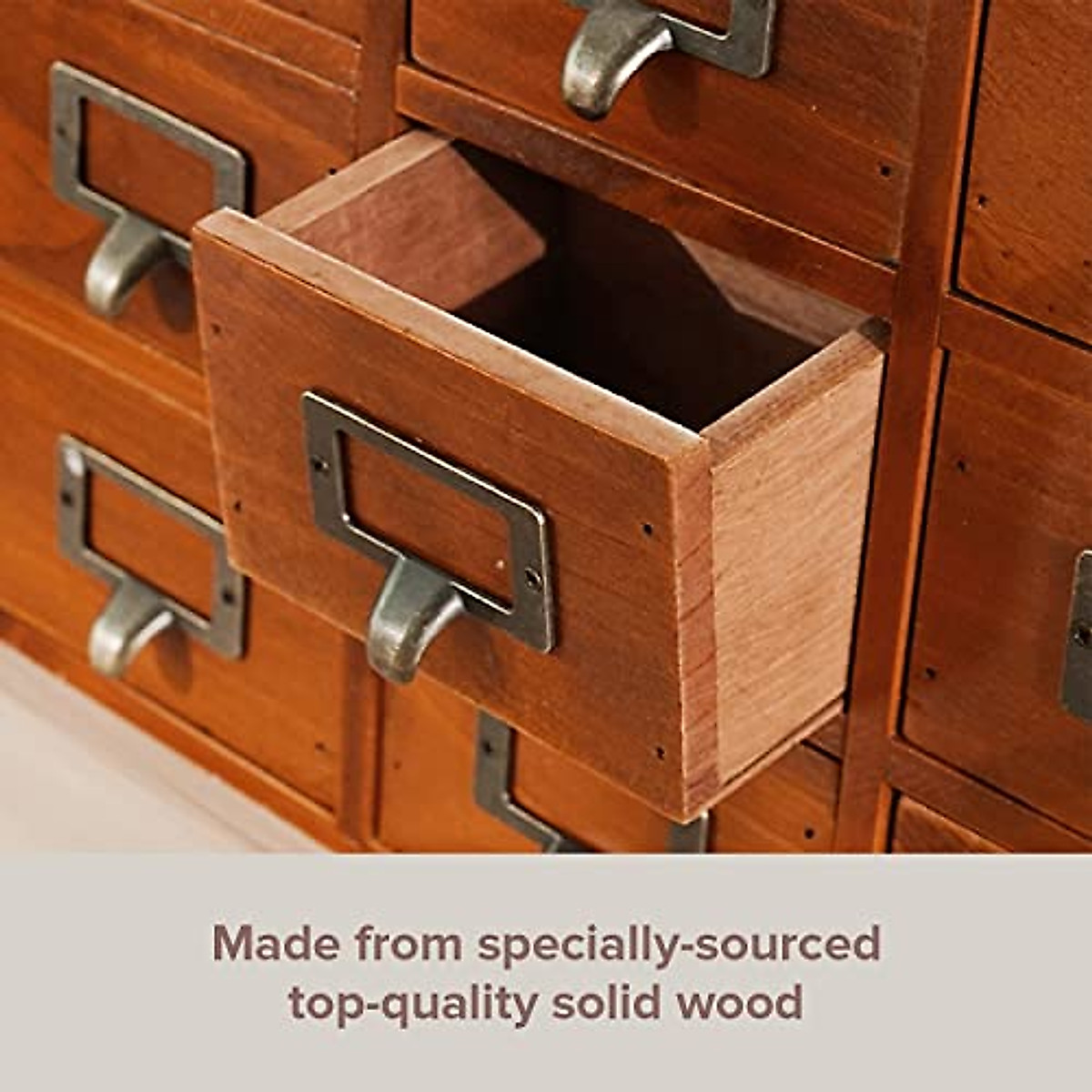 64-Drawer Wooden Storage Box (39.2”x3.9”x27.56”) Traditional Apothecary Cabinet in Walnut Wood - 64-Slot Wooden Desk Drawer Unit w/Label Holders & Handles - Multi Level Countertop Drawer Organizer