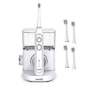 Waterpik White Sonic-Fusion Toothbrush and Heads (Set of 4). Brush and Floss at The Same Time. Soft Bristles Gently Brush While The Water Flosser Removes Plaque and Debris from Teeth and Gumline.