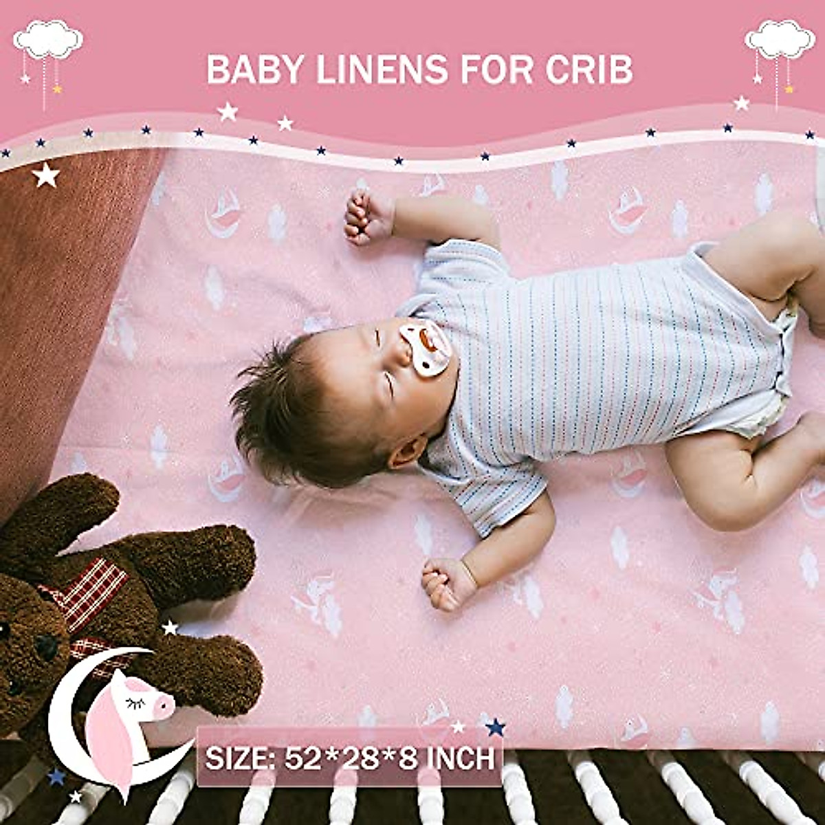 UOMNY Crib Bedding Set for Girls - Pink Baby Nursery Bedding Sets 3 Pieces Crib Quilt Comforter Fitted Crib Sheet Toddler Pillowcase Soft Star Baby Bedding Set