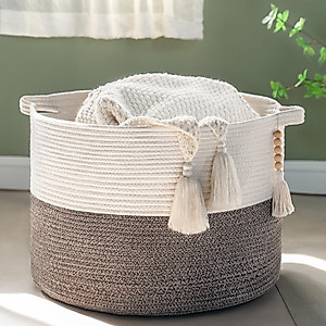 Mkono Extra Large Laundry Basket Woven Cotton Rope Storage Baskets for Blankets Toys Clothes Organizer, Decorative Clothes Hamper with Handle, 21.7" x 13.8"