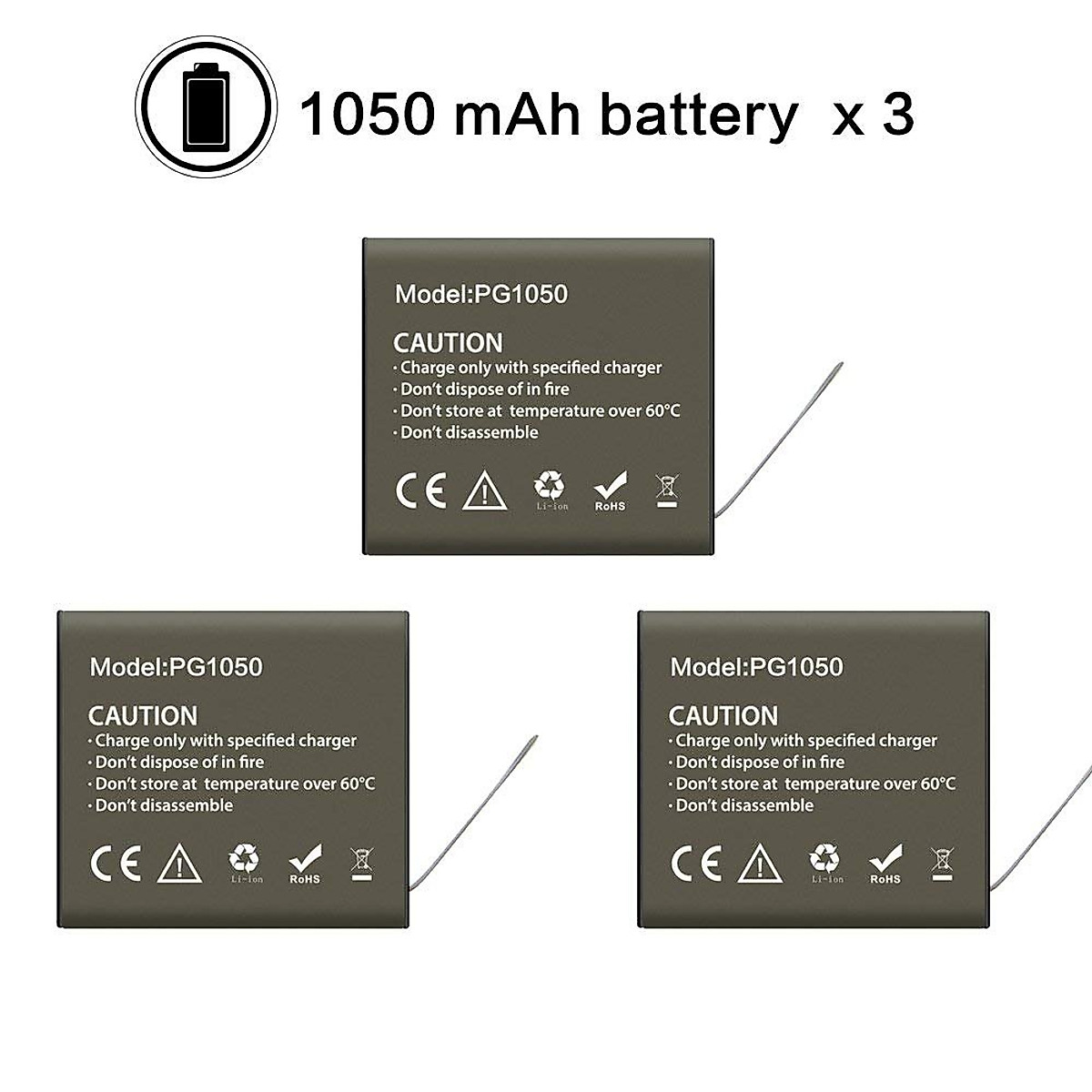 PG1050 Action Camera Battery, 1050mAh Rechargeable Batteries (3 Pieces) with USB Charger, Compatible with AKASO EK7000/APEMAN/Dragon Touch/Apexcam/Vemont/COOAU/EKEN and More