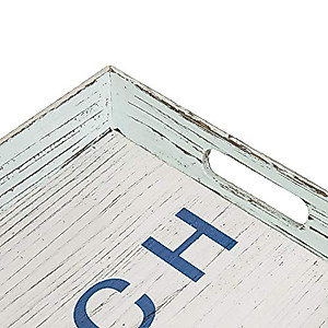 MyGift 16-inch Beach Theme Wooden Large Serving Tray with Handles, Decorative Whitewashed Blue Ottoman Tray for Living Room