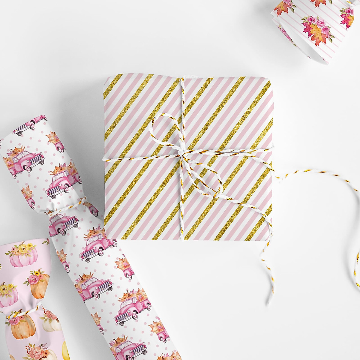 Whaline 12 Sheet Fall Wrapping Paper -Not Roll- Pink Truck Pumpkin Plaid Maple Leaf Gift Wrap Paper Bulk Autumn Harvest Art Paper for DIY Crafts, 19.7 x 27.6 Inch, Folded Flat