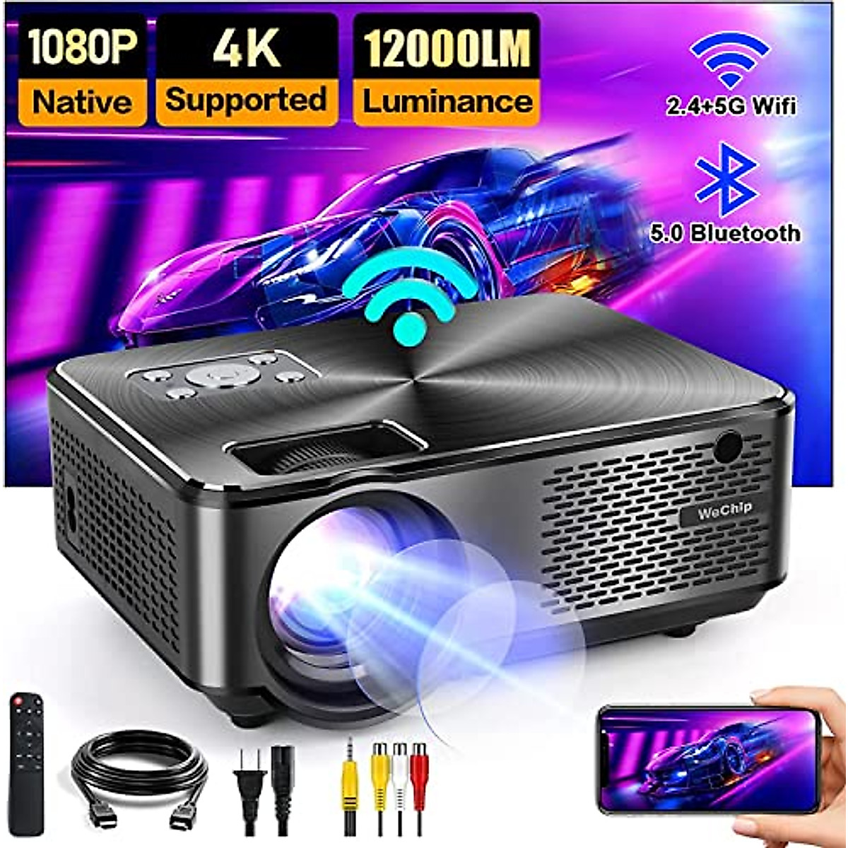 Projector with 5G WiFi and Bluetooth HD 1080P 12000L Home Outdoor Support 4K Movie Video Projector Max 300" Display, WeChip Portable Projector Compatible with HDMI,VGA,Laptop,iOS & Android Smartphone