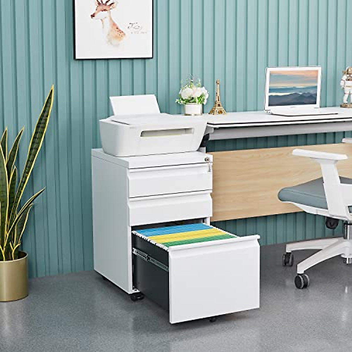Modern Office File Cabinet 3 Drawer File Cabinet Metal Filing Cabinet on Anti-tilt Wheels Mobile Lateral Printer Stand Office File Cabinets for Home Office Organization and Storage (White)