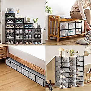 Potahouse Shoe Storage Organizer, 12 Pack X-Large Clear Plastic Stackable Shoe Boxes with Lids, Fit Size 11-12, Sneaker Containers Bins Space Saving for Entryway Closet Floor, Black