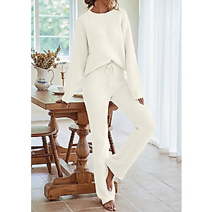 MEROKEETY Womens Fuzzy Fleece Long Sleeve 2 Piece Loungewear Outfits Sweater Pants Pajama Sets, Beige, Large