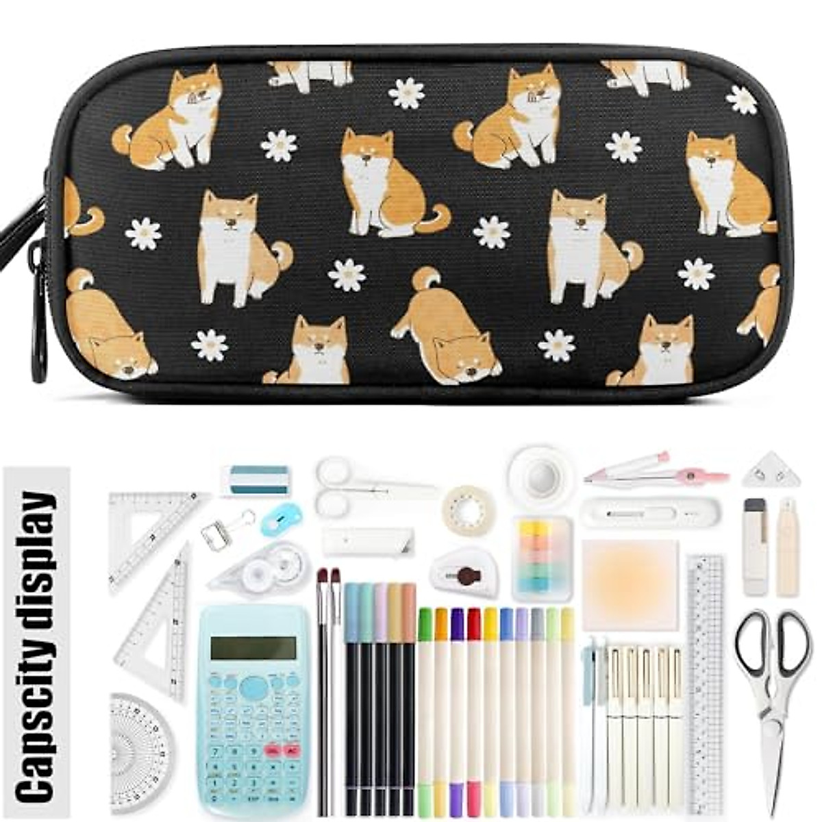 Fustylead Cute Cartoon Shiba Inu Dog and White Daisy Flower Large Pencil Bag Storage Pen Case Makeup Pouch Stationery Bag for School College Office Organizer