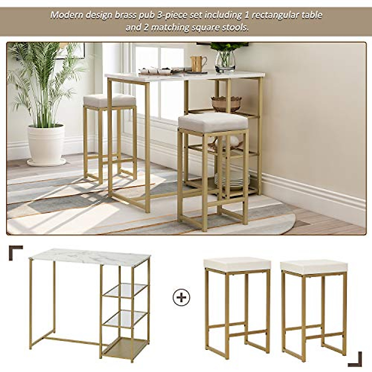 Merax 3-Piece White/Gold Modern Pub Set Counter Height Breakfast Table with 4 Bar Stool for Kitchen Dining Room