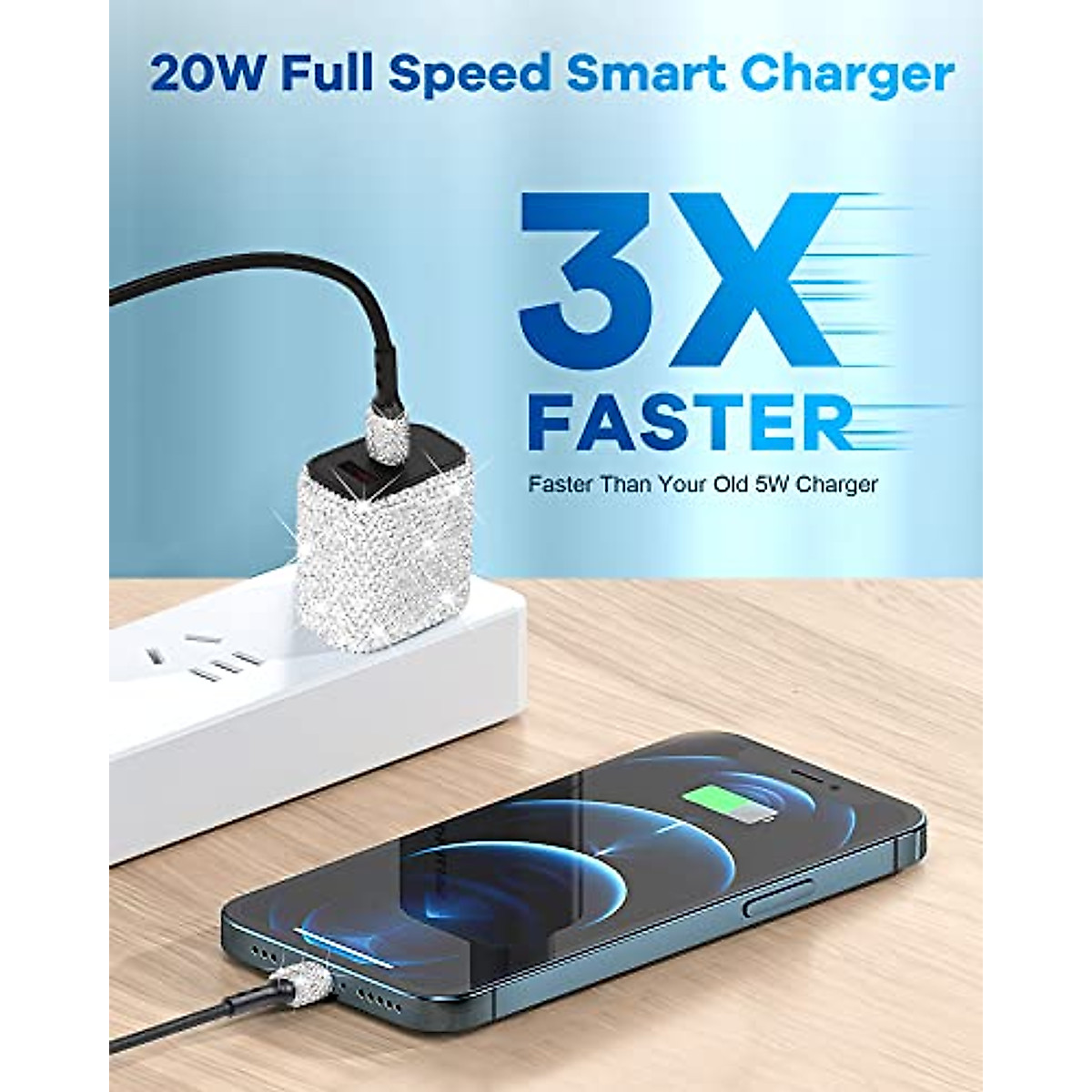 iPhone Fast Charger, [Apple MFi Certified] 20W Bling USB C Wall Charger PD + QC Dual Port Adapter with 3.2FT Type-C to Lightning Cable Compatible with iPad iPhone 14 13 12 Pro Max Mini 11 Xs(White)