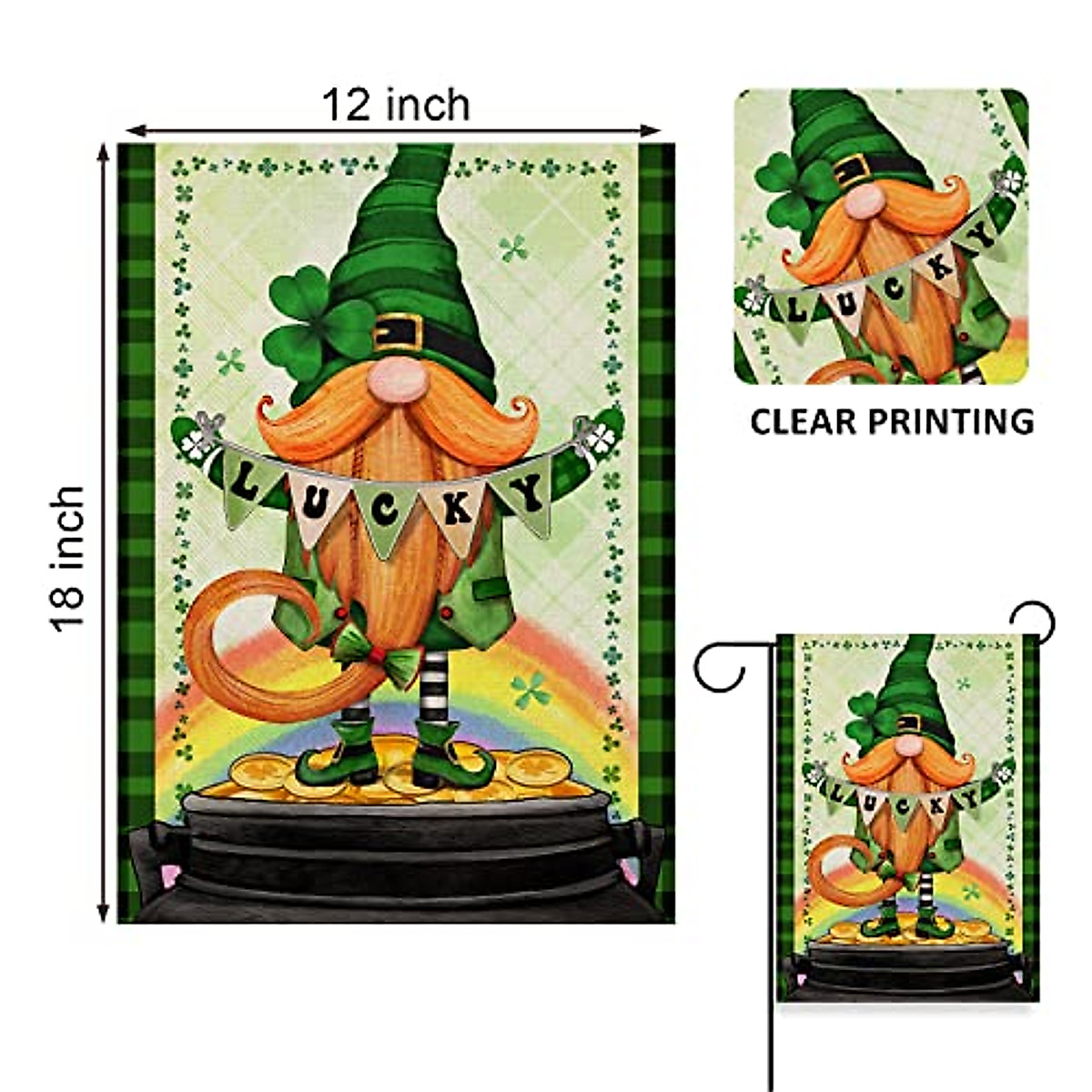 Covido Home Decorative St. Patrick's Day Gnome Garden Flag, Lucky Pot Gold Coins Shamrock Clover Yard Outside Decorations, Irish Luck Outdoor Small Decor Double Sided 12x18