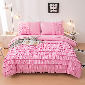 Yadangxiawa Teen Girls Pink Princess Dress Comforter Set Queen Size, 5 Pcs Bed in a Bag Girls Queen, Girls Pink Ruffled Bedding Set, Teen Bedding Sets for Girls Kids with Sheets