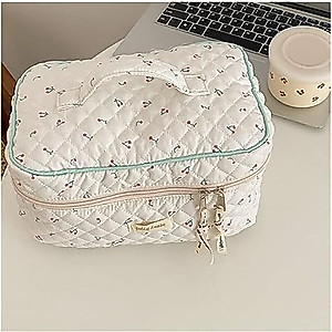 BILIPOPX 2 Pack Kawaii Cute Makeup Bag Aesthetic Travel Quilted Cotton Cosmetic Bag Organizer Toiletry Pouch for Women Teen Girls
