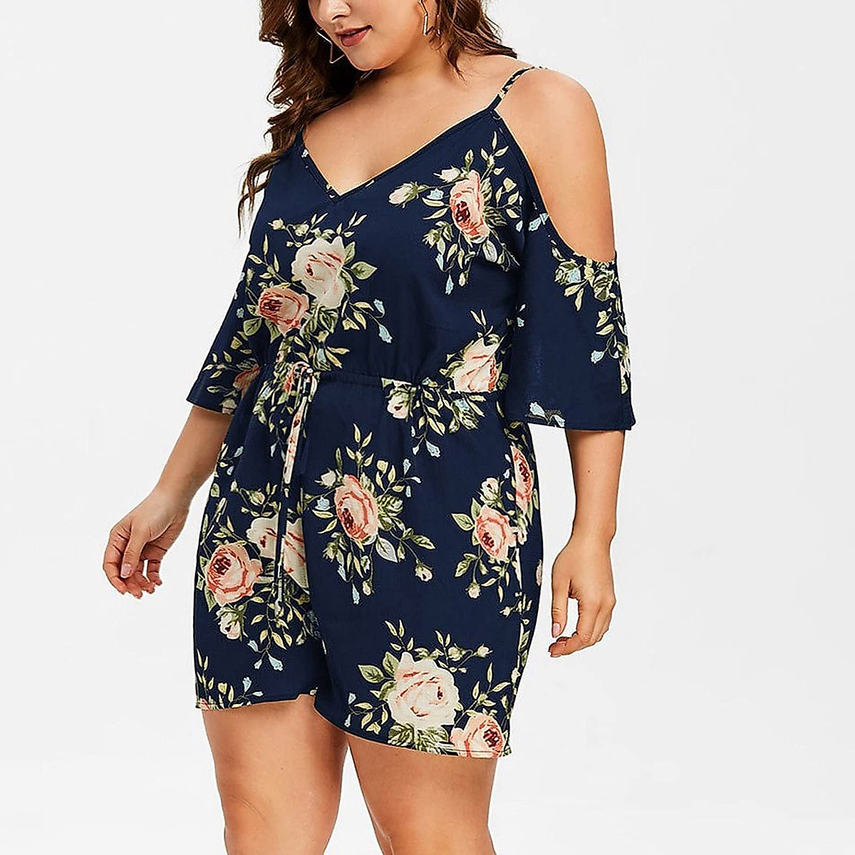 Padaleks Women Plus Size Floral Printed Jumpsuits Casual Short Sleeve Cold Shoulder Shorts Rompers Wide Leg Pants