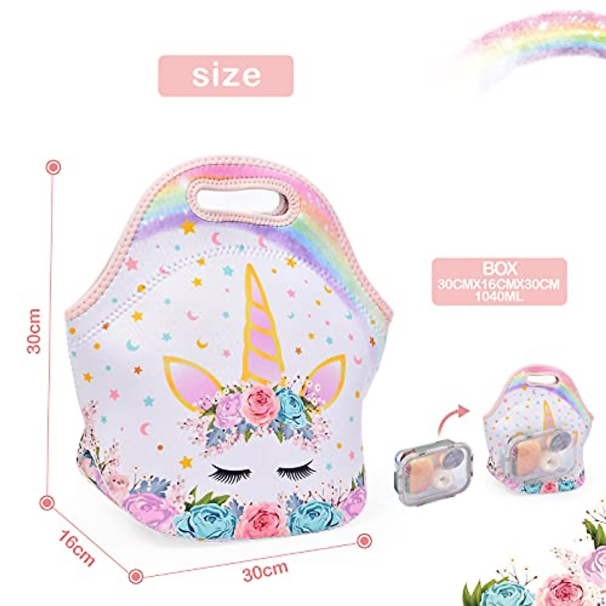 Unicorn Lunch Bag - Neoprene Insulated Lunch Box for Girls School Picnic Shopping Lunch Handbag Waterproof Reusable Lunch Tote Bag Gourmet Tote with Zipper