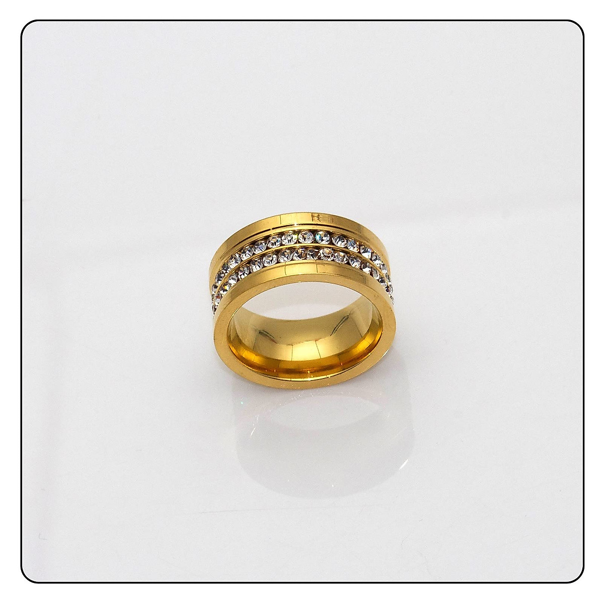 Fusamk Fashion 18K Gold Stainless Steel Band Ring Two Row Crystal Ring(Gold(9))