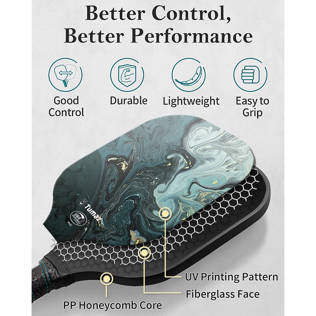 Tumaz Pickleball Paddles Set of 2, USAPA Approved Pickleball Set with Premium Honeycomb Core and Fiberglass Face Pickleball Rackets, 4 Pickle Balls, 2 Grip Tapes, and Portable Carry Bag Included