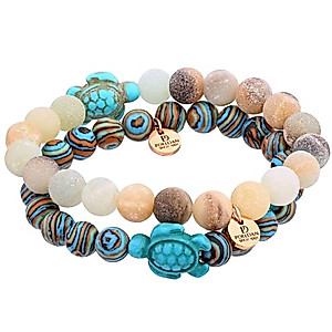 POLLDAN Sea Turtle Bracelet | Sea Turtle Gifts For Women | Turtle Bracelet Turquoise | Charm Beaded Bracelets | Chakra Bracelets | Womens Jewelry | Beads Adjustable Bracelet | (Sand)
