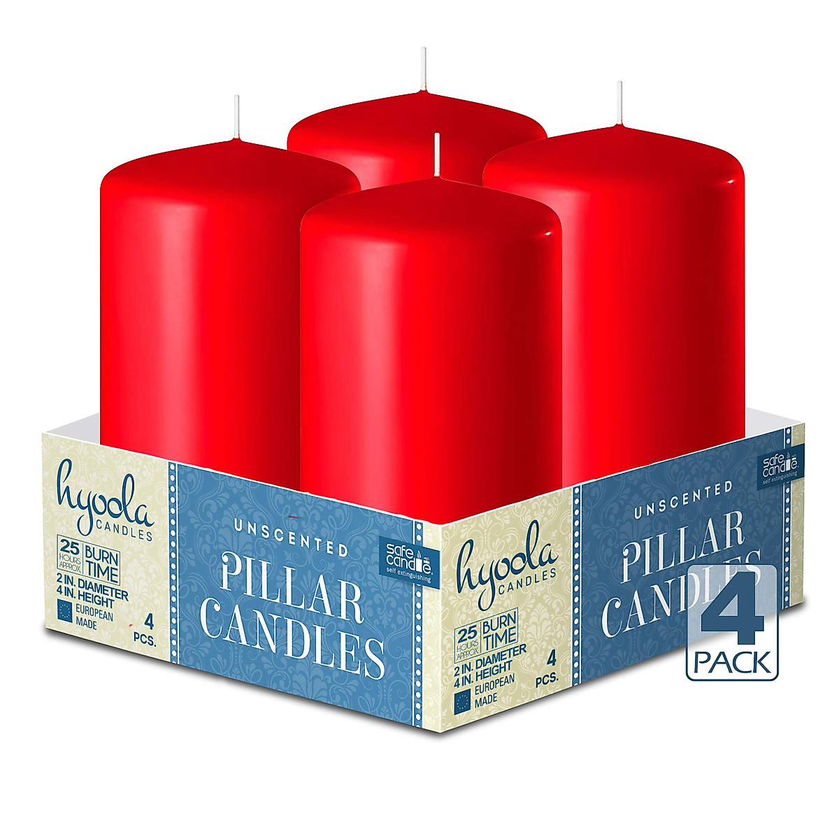 HYOOLA Red Pillar Candles 2-inch x 4-inch - Unscented Pillar Candles - Set of 4 - European Made