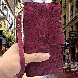 Harryshell Detachable Magnetic Zipper Wallet Leather Case with Cash Coin Pocket 12 Card Slots Holder Wrist Strap Lanyard Compatible with Google Pixel 6A 5G (2022) (Flower Wine Red)