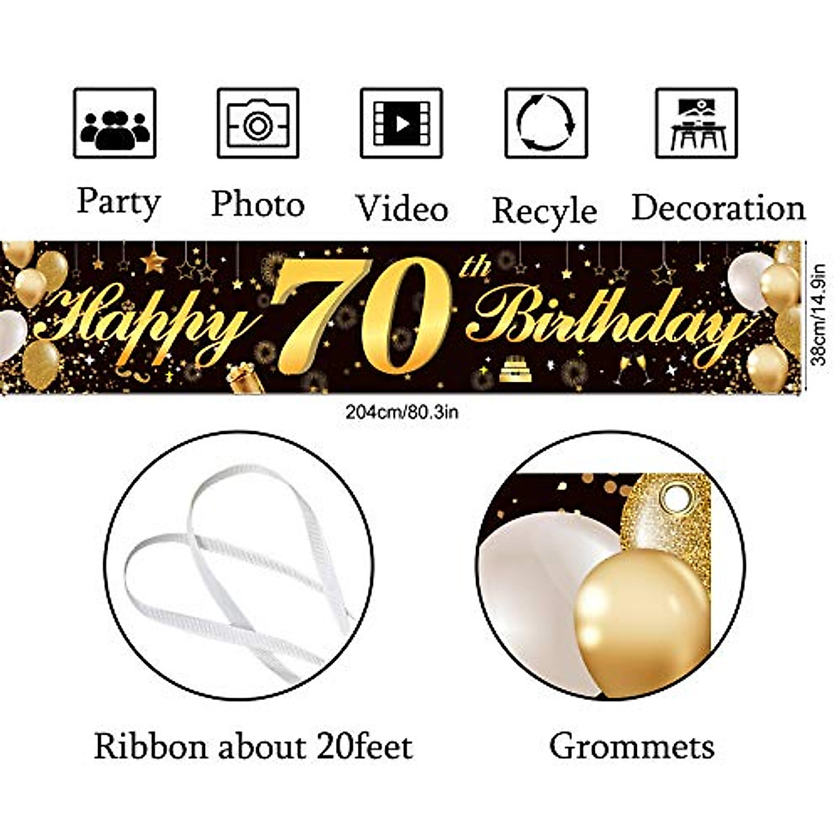 Happy 30th Birthday Banner,Birthday Party Sign Backdrop Banner For Men Women Cheer to 30 Years,Durable Black&Gold Glitter Birthday Sign Yard Sign For 30th Birthday Party Decoration Supplies(30 Black)