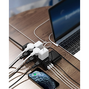 Power Strip Surge Protector, 9 Widely Spaced Outlets with 3 USB Ports, 3 Side Outlet Extender with 6.5 Ft Extension Cord, 1050 Joules, Flat Plug, Wall Mount Charging Station for Home Office Dorm Black