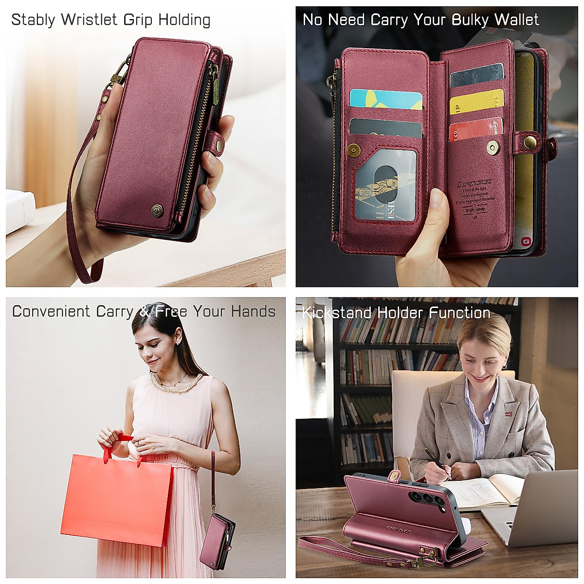 Defencase for Samsung Galaxy S23 Case, 【RFID Blocking】 for Galaxy S23 Case Wallet for Women Men with Card Holder, Durable Leather Magnetic Flip Strap Phone Case for Samsung S23 6.1", Purple Red