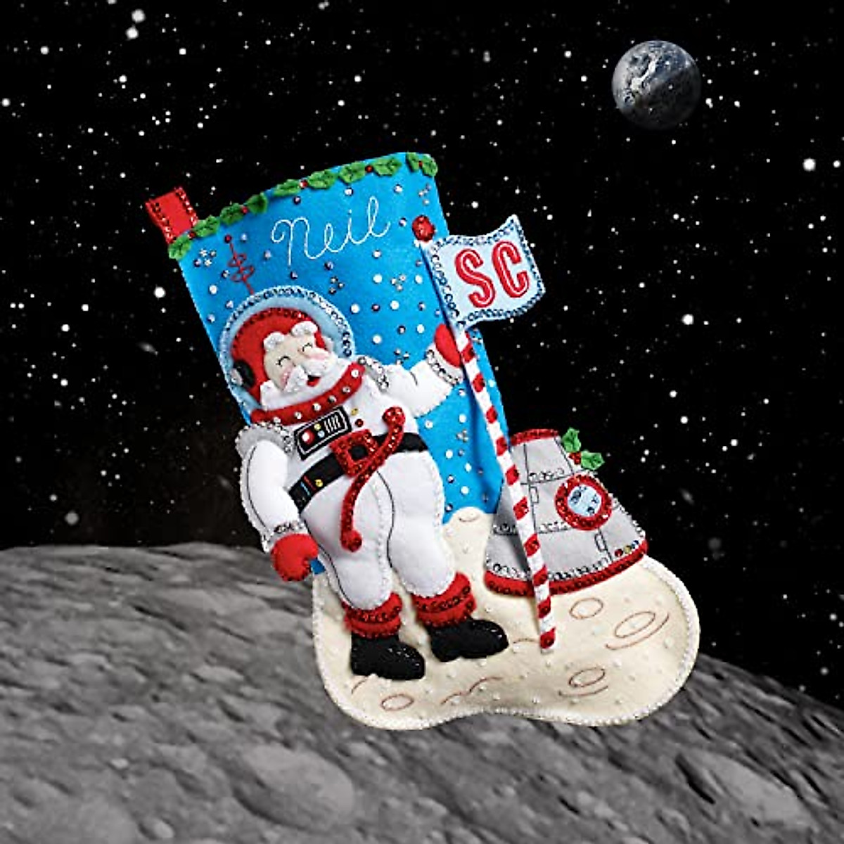 Bucilla Felt Applique 18" Stocking Making Kit, Christmas to The Moon, Perfect for DIY Arts and Crafts, 89527E