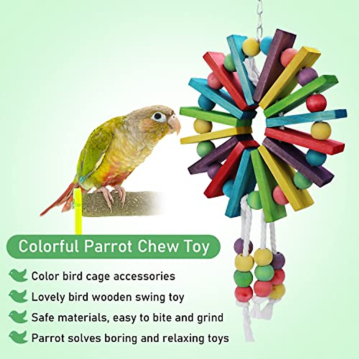 Parrot Hanging Chew Toy Bird Bite Swing with Colorful Wood Beads Bells for Parrot Macaw African Greys Cockatiels Cage Accessories (Colorful Wood Toy)