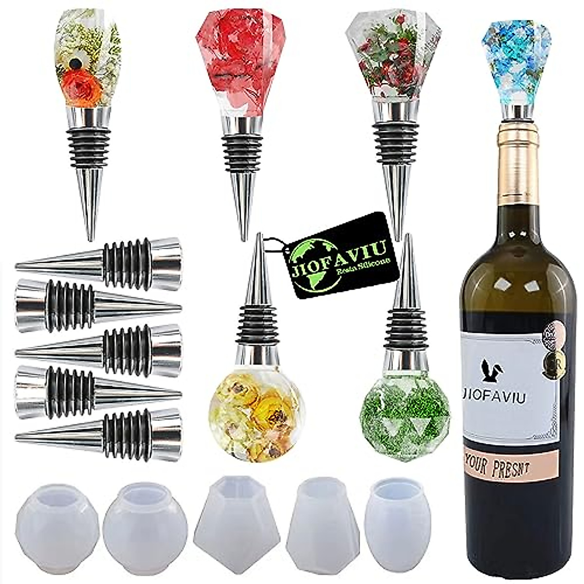 JOFAVIU 10 Pcs Resin Wine Bottle Stoppers Molds Set, Wine Stopper Silicone Molds for Epoxy Resin, Stopper Epoxy Resin Silicone Molds Set Kits (5 Molds with 5 Stoppers)