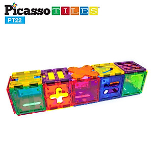 PicassoTiles PT22 Magnetic Building Blocks Numerical Magnet Tiles Educational Kit Toy Set 3D Clear Color Stacking Block STEM Playboard Novelty Game w/Numbers, Roman Numerals, and Math Symbols