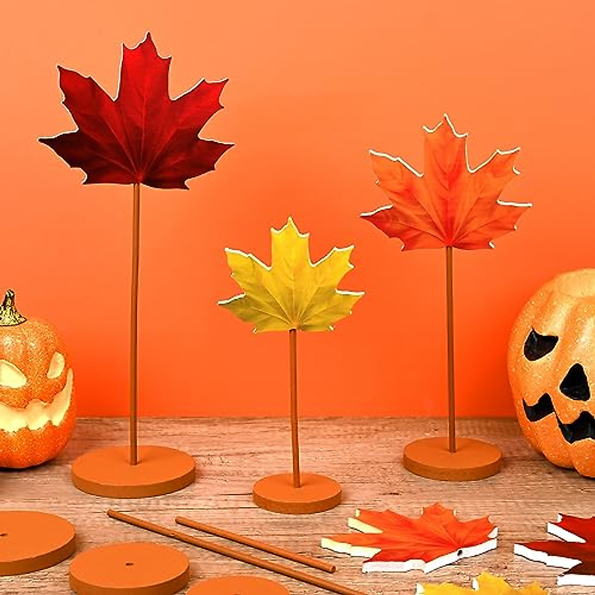 6 Pcs Fall Standing Decor for Tabletop Maple Leaves Wooden Table Sign Thanksgiving Centerpiece Rustic Block Set Wood Tiered Tray Decoration for Farmhouse Home Kitchen