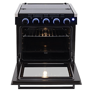 RecPro RV Stove Black Finish | Gas Range 21" Tall | 6500 and 8000 BTU Three Burner | 7100 BTU Oven with 1.8 Cu. Ft. Capacity | Optional Range Hood