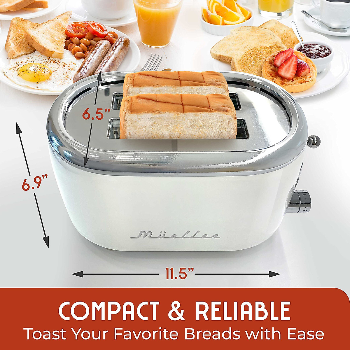 Mueller Retro Toaster 2 Slice with 7 Browning Levels and 3 Functions: Reheat, Defrost & Cancel, Stainless Steel Features, Removable Crumb Tray, Under Base Cord Storage, White