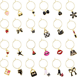 Junkin 24 Pcs Wine Glass Charms Markers Tags for Stem Glasses Drink Markers Glass Rings Wine Charm Rings Identifier for Wine Bachelorette Tasting Party Favors Decorations (Cute Style)