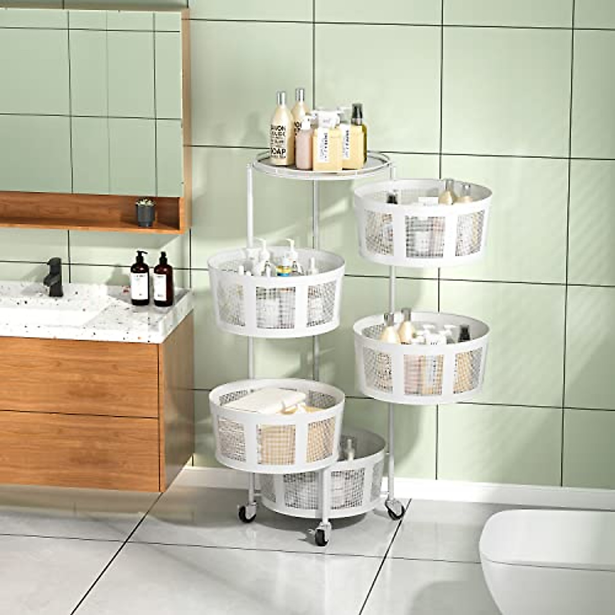 Rotating Kitchen Storage Rack 5 Tier Round Metal Baskets on Wheels Floor-Standing Fruit and Vegetable Storage Basket Household Storage Rack for Bathroom Kitchen Living Room, White