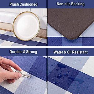Carvapet Buffalo Plaid Kitchen Mat 2 PCS Cushioned Anti-Fatigue Kitchen Rug Waterproof Non-Slip PVC Ergonomic Comfort Standing Foam Mats for Office Laundry, Blue&White, 17.3''x27.5''+17.3''x47.2''