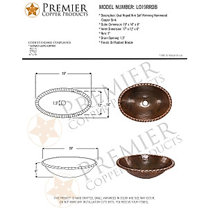 Premier Copper Products LO19RRDB 19-Inch Oval Roped Rim Self Rimming Hammered Copper Sink, Oil Rubbed Bronze