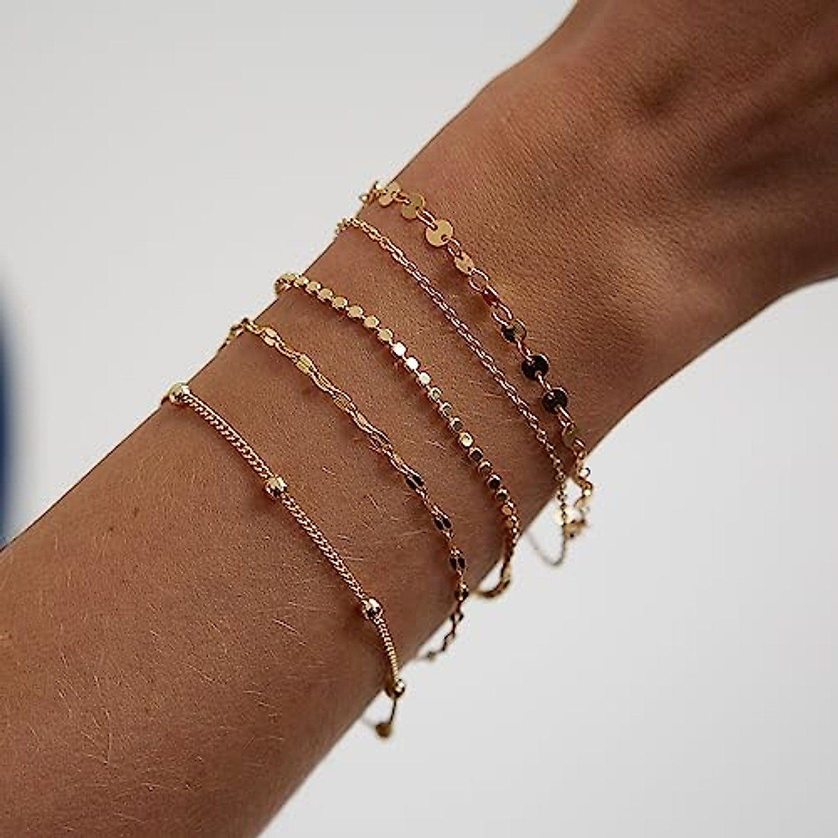 MIDEEO Gold Layered Bracelet for Women 14K Gold Plated Layered Dainty Wafer Point Lip Chain Beads Bracelet Set Silver Bracelet Simple Layering Set Women Jewelry Gift