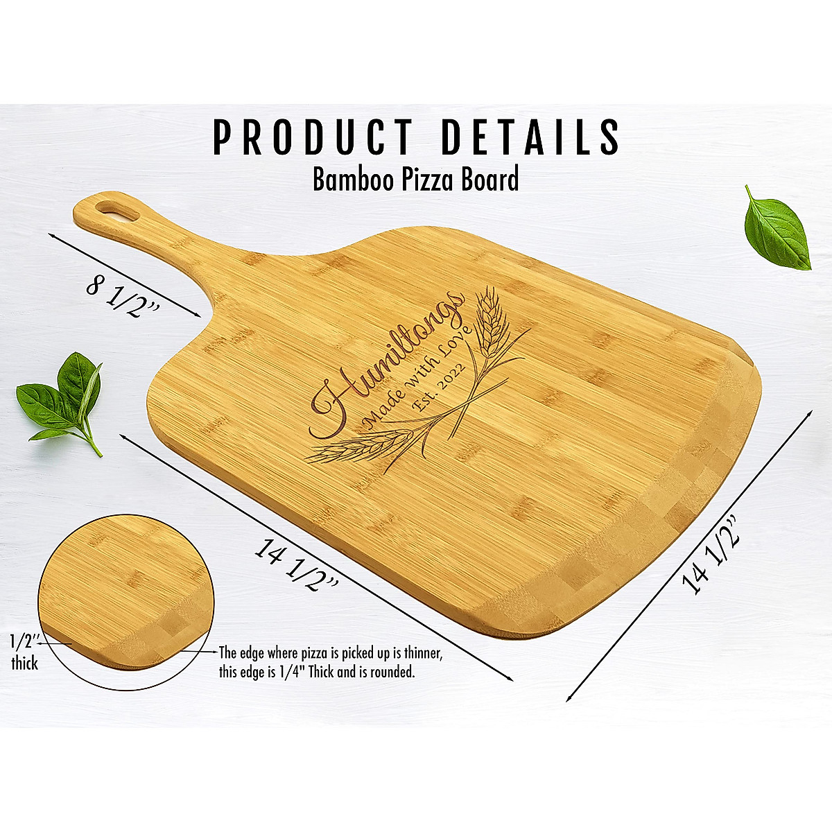 Personalized Bamboo Pizza Board with Handle Customized Wood Serving Cutting Pizza Board with Engraved Custom Name Monogram – Wedding, Anniversary, Housewarming, Birthday, Mom, Dad Gift