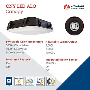 Lithonia Lighting CNY LED ALO SWW2 UVOLT PE PIR DDB M2 Outdoor LED Canopy Light with Adjustable Lumen Output, Switchable Color Temperature 3000K/4000K/5000K, Photocell, and Motion Sensor, Dark Bronze
