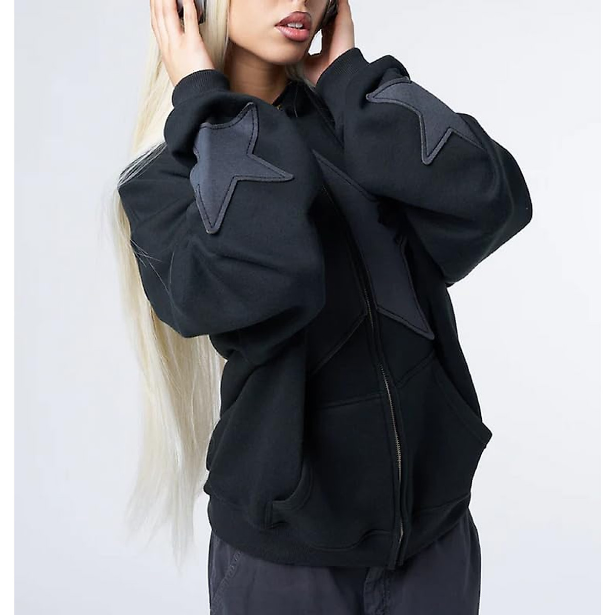 Womens Y2K Long Sleeve Hoodies Zip Up Star Graphic Track Jackets Hip Hop Harajuku Oversized Sweater Sweatshirts