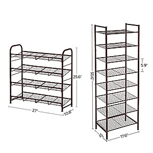 SONGMICS 4-Tier Shoe Rack and 8-Tier Storage Rack Bundle, Shoe Organizer, Sturdy Narrow Shoe Shelf, Adjustable Feet, Vertical Shoes Rack Tower for Entryway, Bronze ULMR067A01 and ULMR028A01