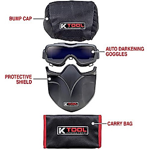 K Tool International 70046 Auto Darkening Welding Goggle Kit for Garages, Repair Shops, and DIY, Lightweight, 5-13 Adjustable Shades, Fire Retardant Hood, Bump Cap, Shield and Carrying Bag, Black/Red