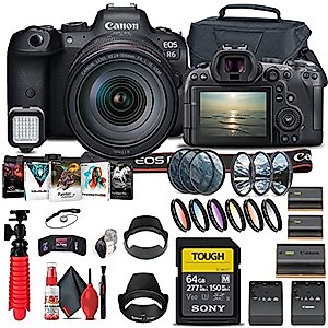 Canon EOS R6 Mirrorless Digital Camera with 24-105mm f/4L Lens (4082C012) + 64GB Tough Card + Color Filter Kit + Case + Filter Kit + Photo Software + 2 x LPE6 Battery + Charger + More (Renewed)